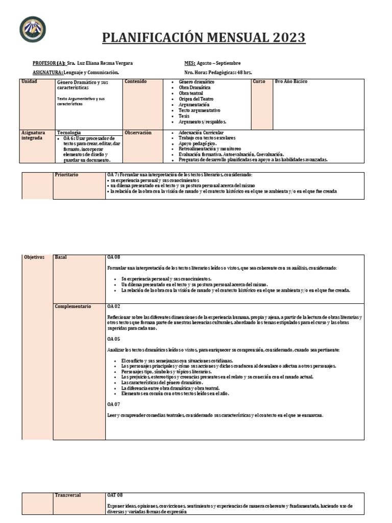 Planificacion 8vo Agosto Septiembre | PDF | Teatro | Cognición