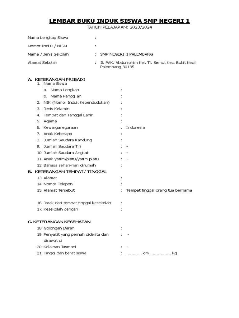 Buku Induk Siswa (Format) 2023-2024 | PDF