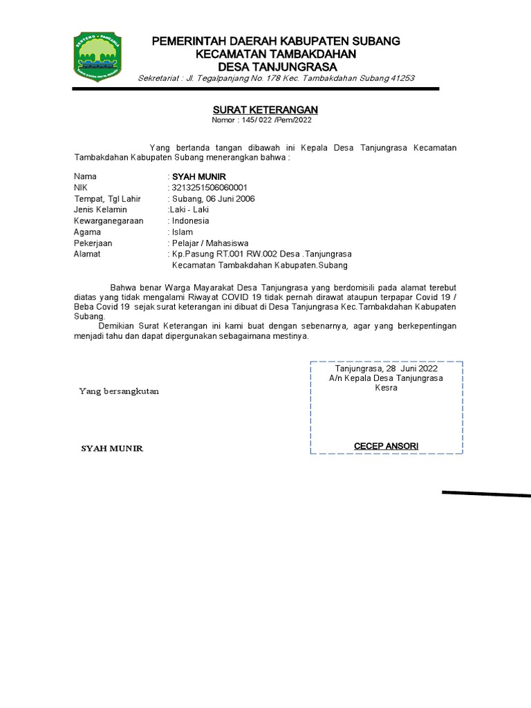 Surat Keterangan Bebas Covid | PDF