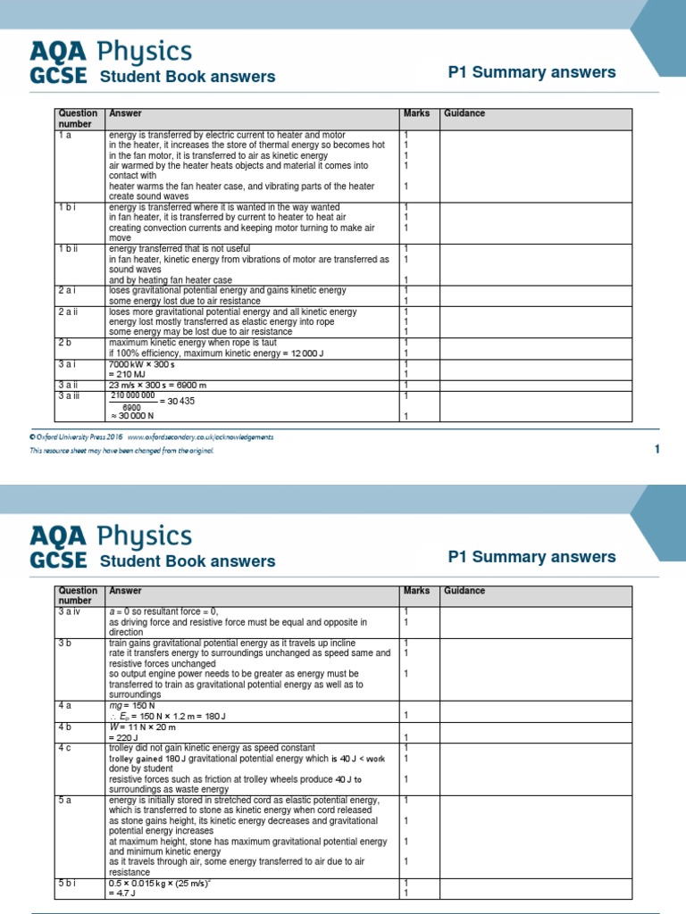 AQA Physics GCSE Combined P1 Summary Answers | PDF
