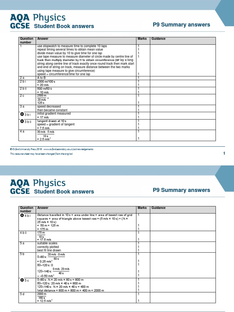 AQA Physics GCSE Combined P9 Summary Answers | PDF | Area | Speed