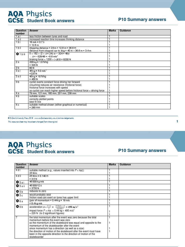 AQA Physics GCSE Combined P10 Summary Answers | PDF