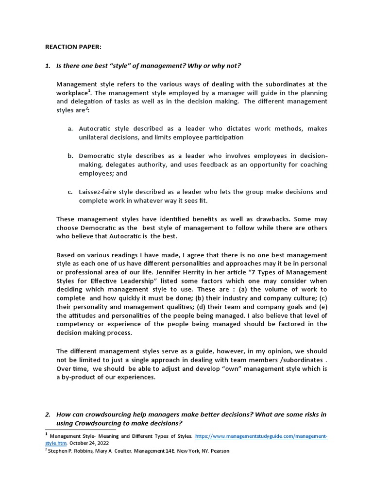 REACTION PAPER - Management | PDF | Leadership | Globalization