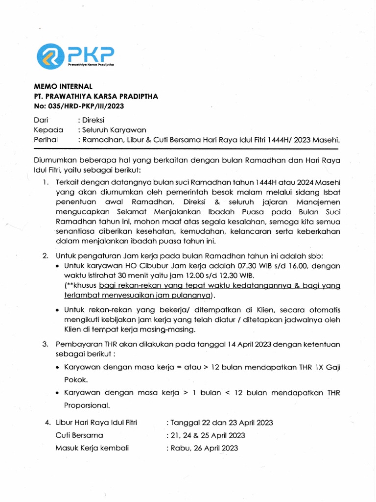 Memo Internal Atas Ramadhan, Libur & Cuti Bersama Hari Raya Idul Fitri ...