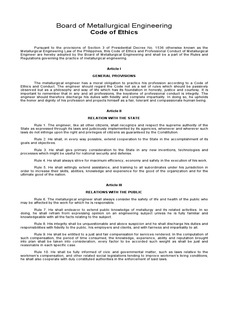 Code of Ethics | PDF | Employment | Engineer