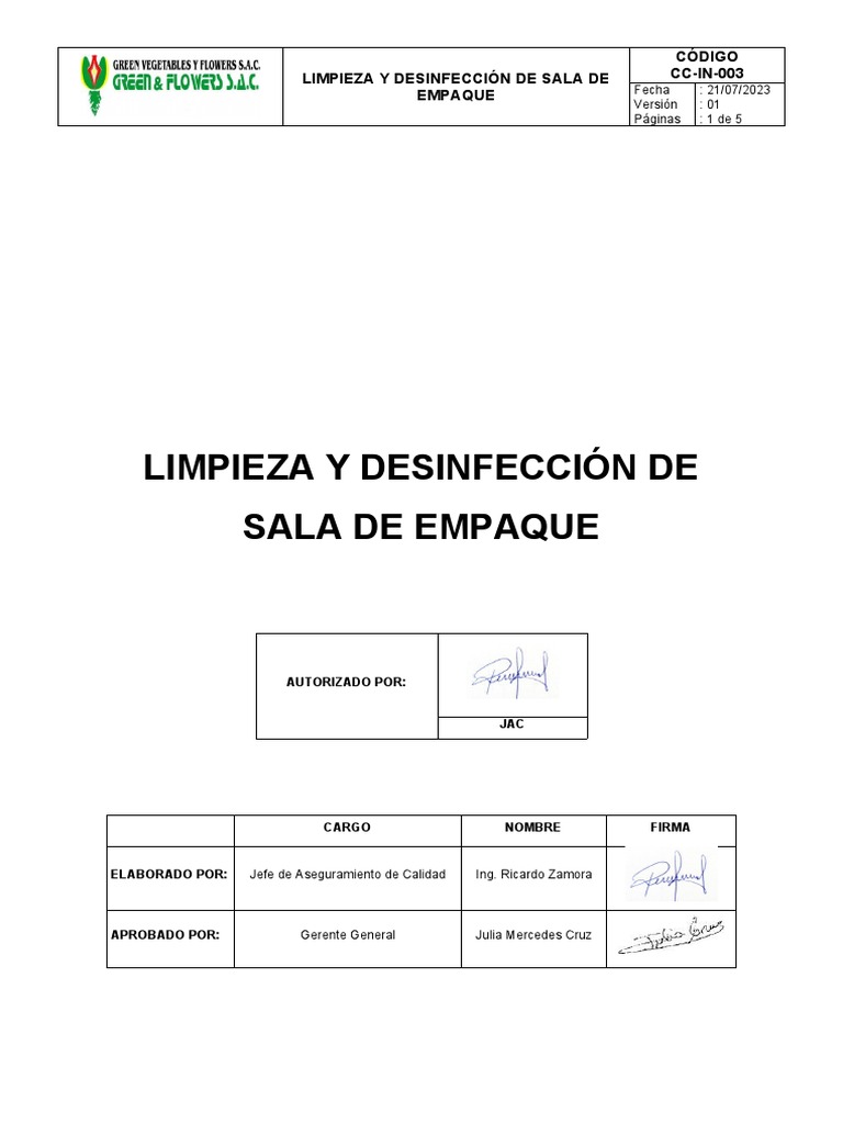 CC-IN-003 Limpieza y Desinfección de Sala de Empaque | PDF