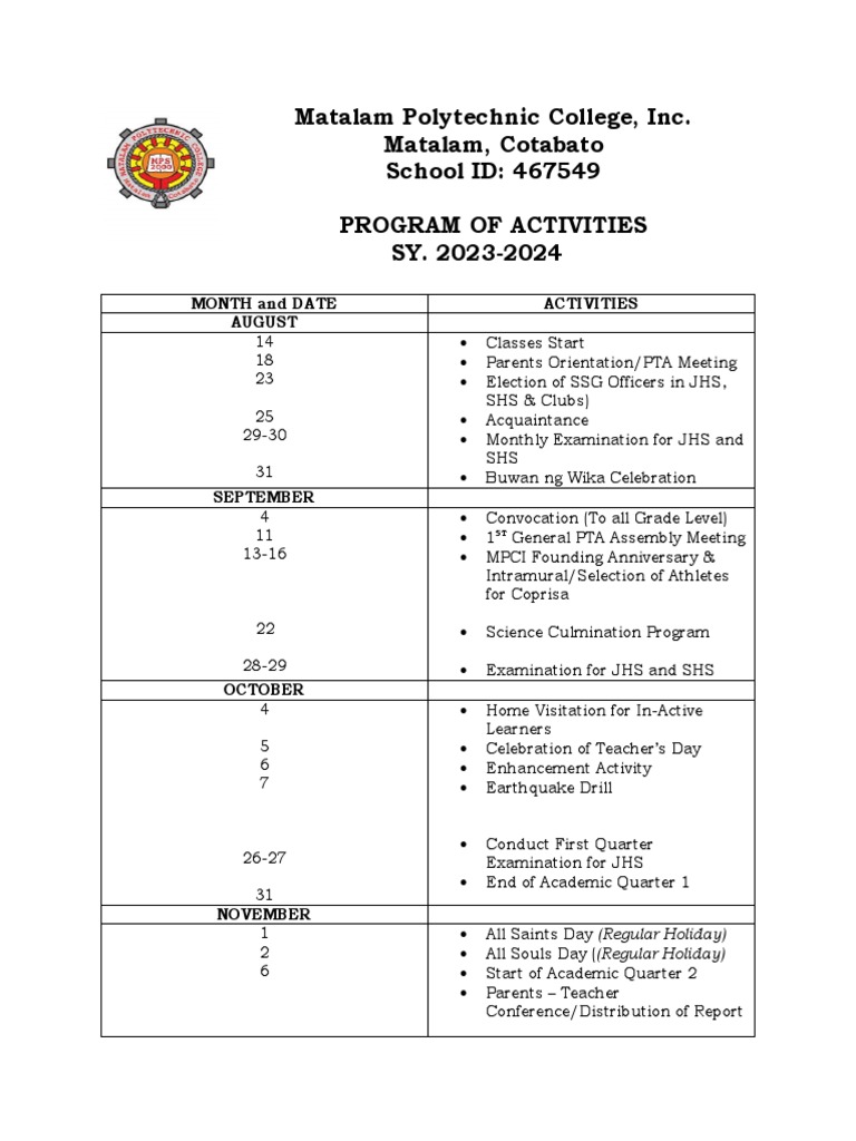 Matalam Polytechnic College J Program of Activities 2023-2024 | PDF ...