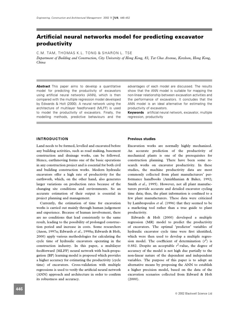Artificial Neural Networks Model For Predicting Excavator Ok Pdf