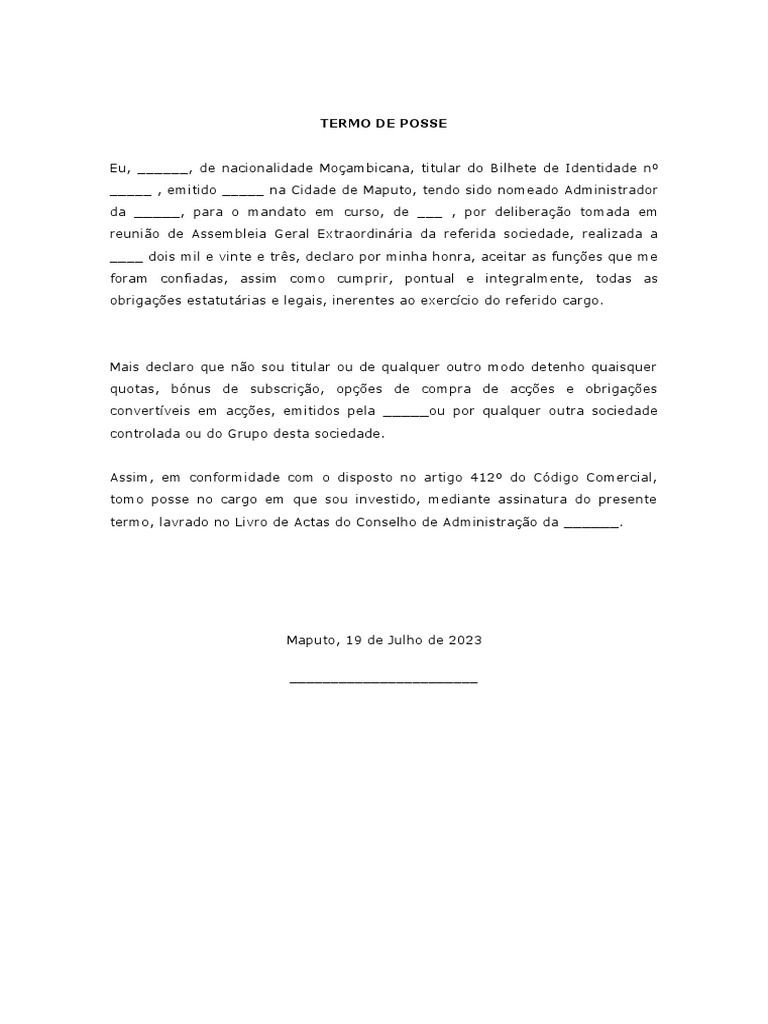 TERMO DE POSSE - ADMINISTRADOR | PDF