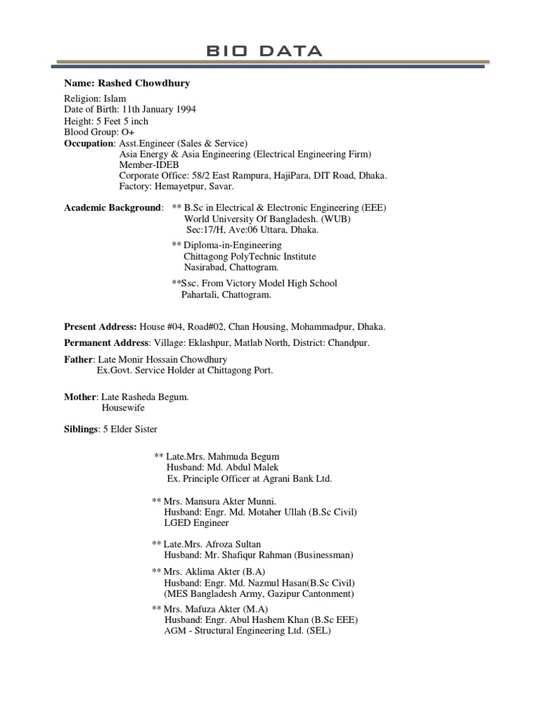 Bio Data: Name: Rashed Chowdhury | Download Free PDF | Bangladesh
