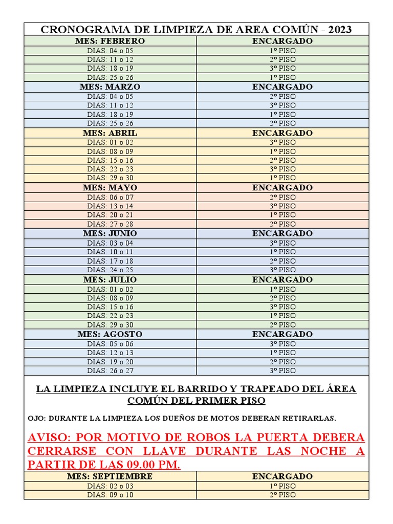 Cronograma Limpieza | PDF
