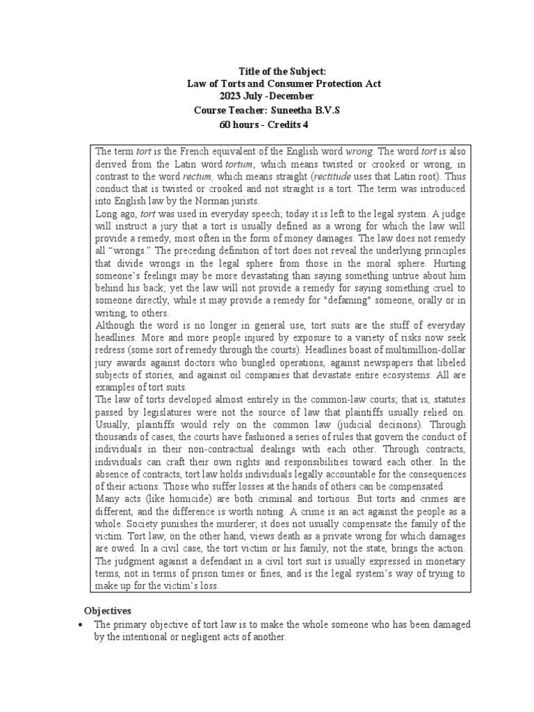 Law of Torts Course Outline | PDF | Tort | Legal Concepts