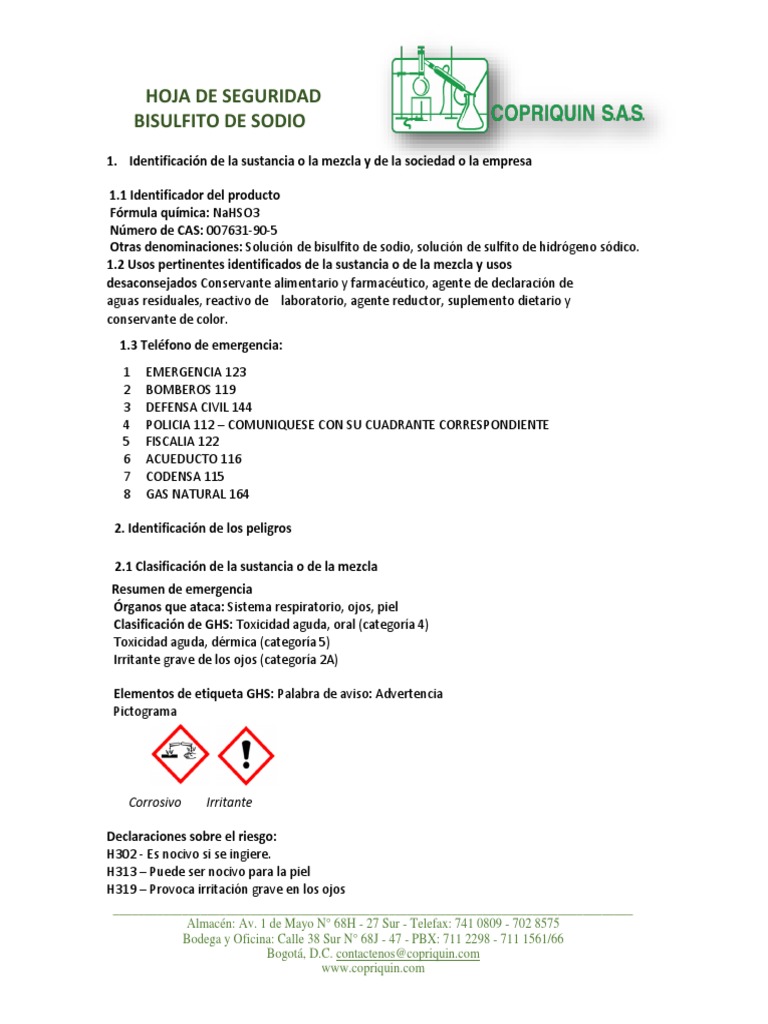 Hoja de Seguridad Bisulfito de Sodio | PDF