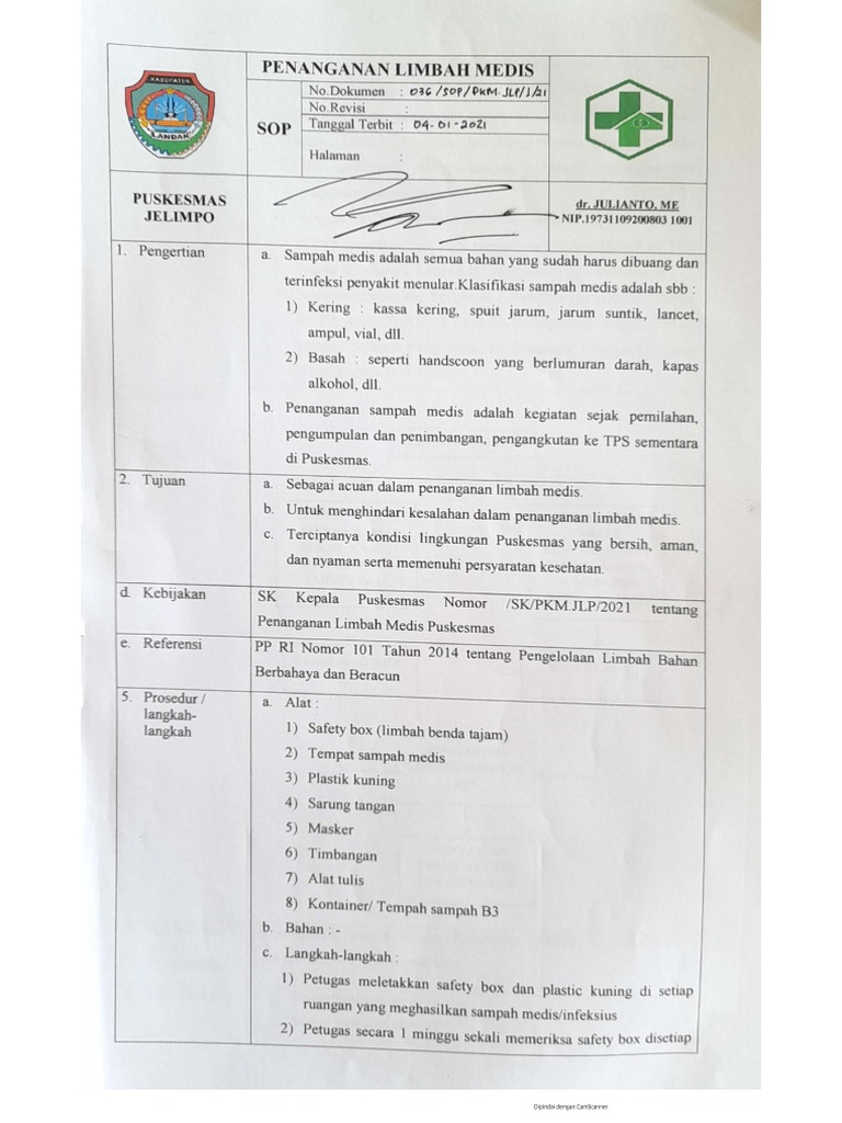 sOP PENANGANAN LIMBAH MEDIS | PDF