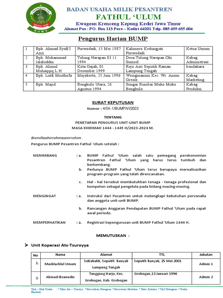 Fathul Ulum: Pengurus Harian BUMP | PDF