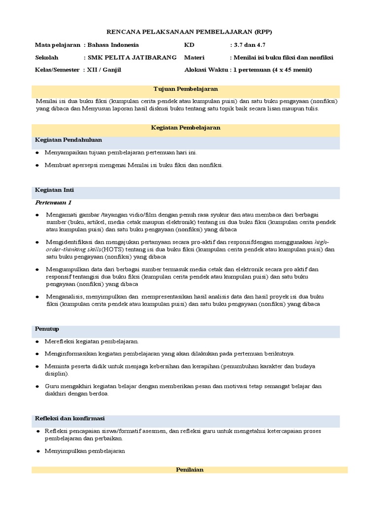 RPP Menilai Isi Buku Fiksi Dan Nonfiksi | PDF