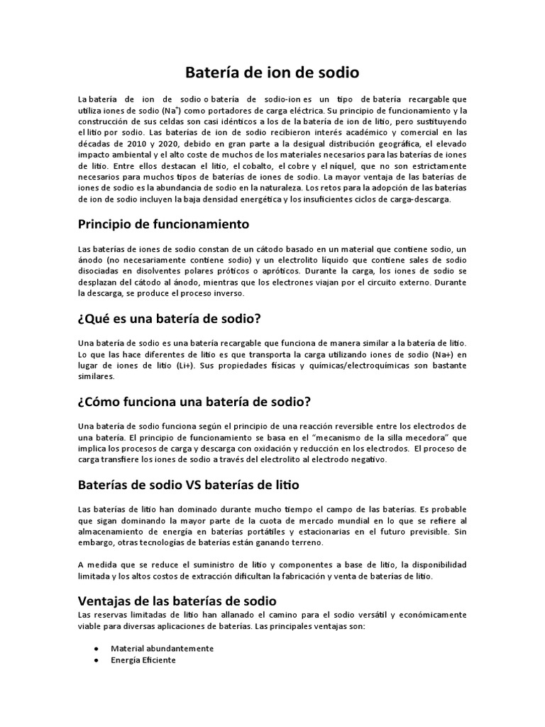 Batería de Ion de Sodio | PDF | Batería de iones de litio | Batería recargable