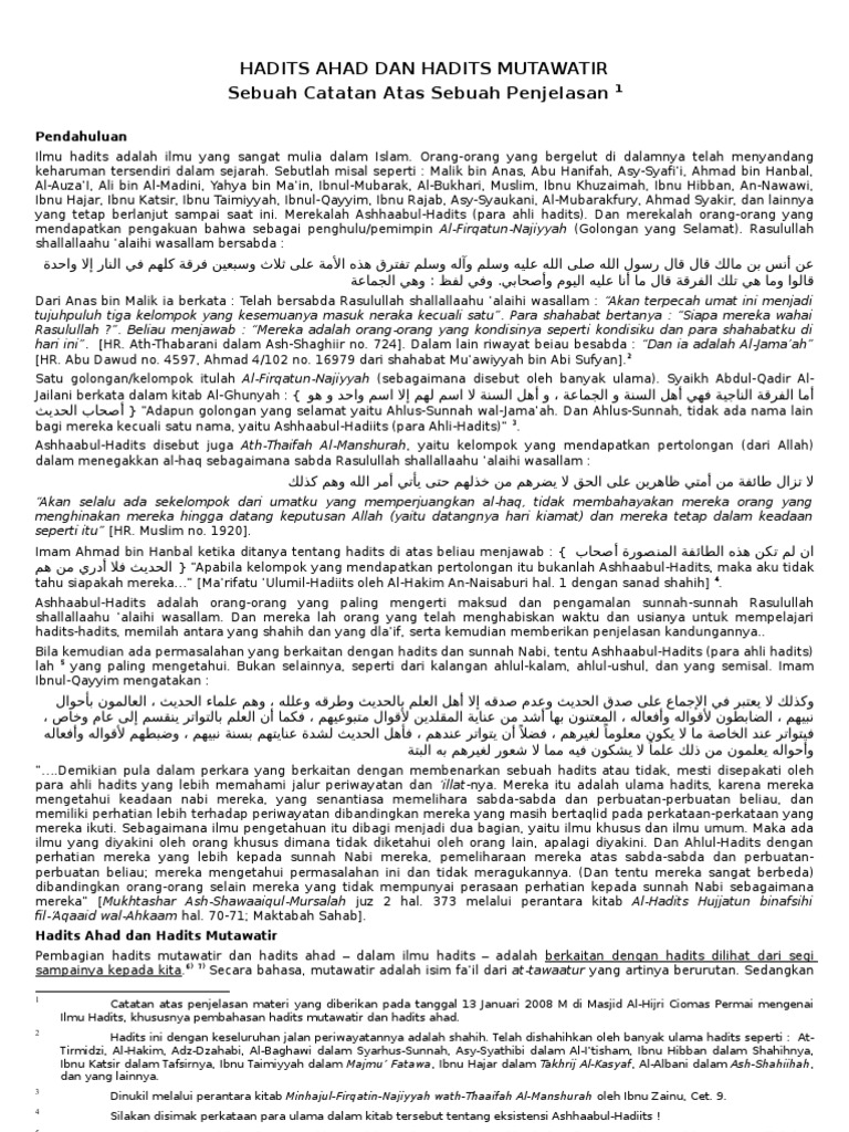 Hadits Ahad Dan Hadits Mutawatir | PDF