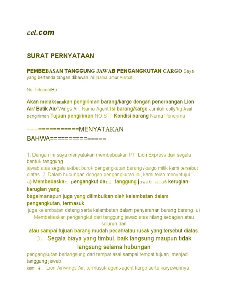 Surat Pelepasan Tanggung Jawab (SPTJ) | PDF