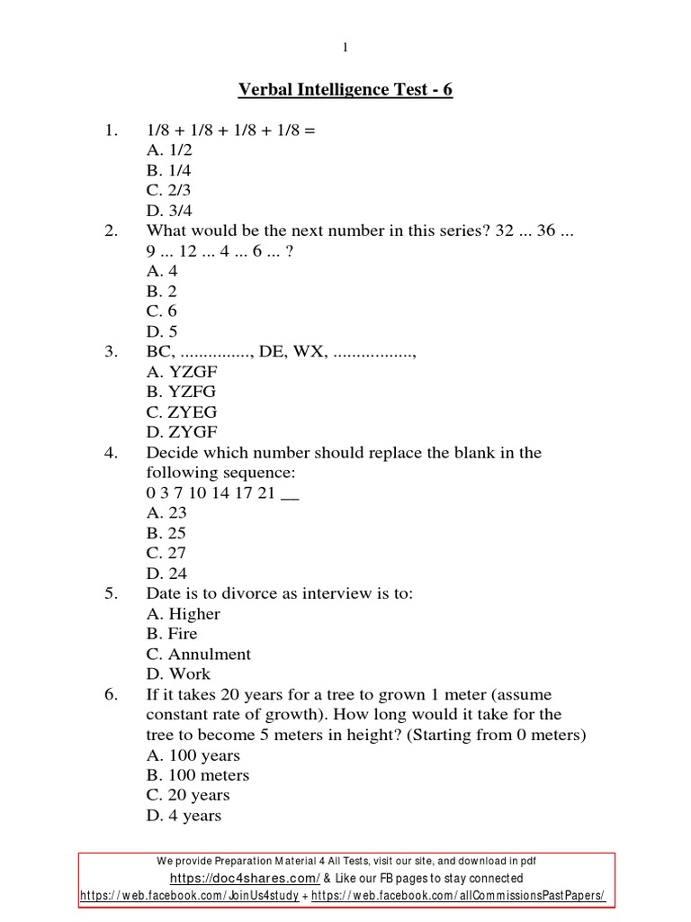 Verbal Intelligence Test Questions | PDF