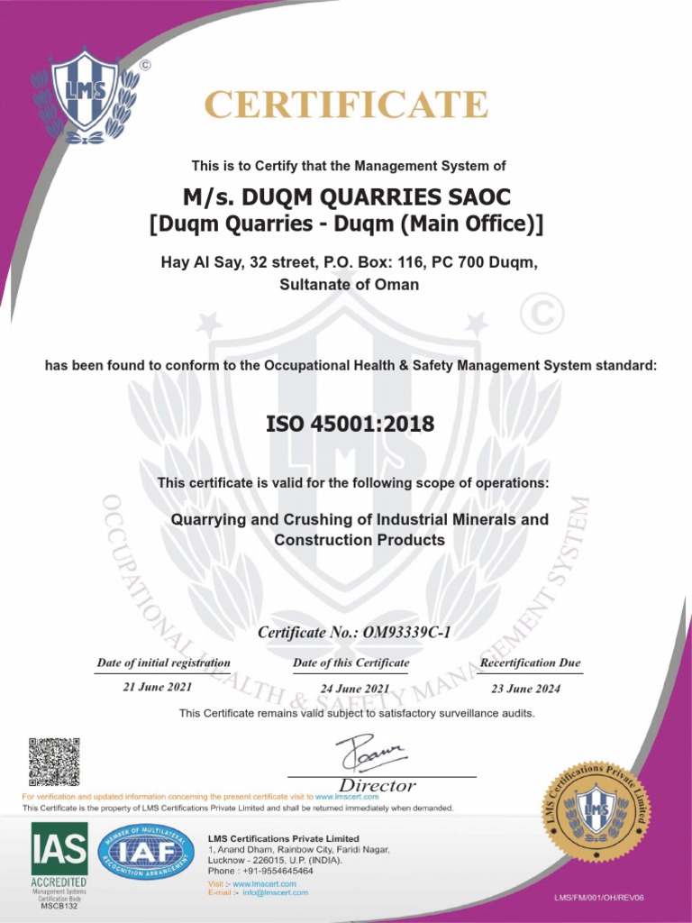 Om93339c-1-Duqm Quarries Saoc-Iso 45001 | PDF