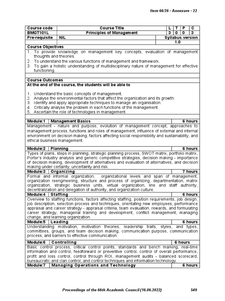 Bmgt101l Principles-Of-management TH 1.0 71 Bmgt101l 66 Acp | PDF