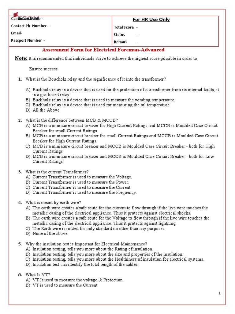 Asses Form-Electrical Foreman-Advanced | PDF