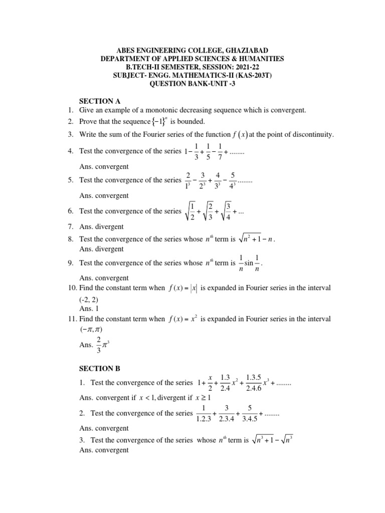 Question Bank - Unit 3 - Mathematics II | PDF | Complex Analysis ...
