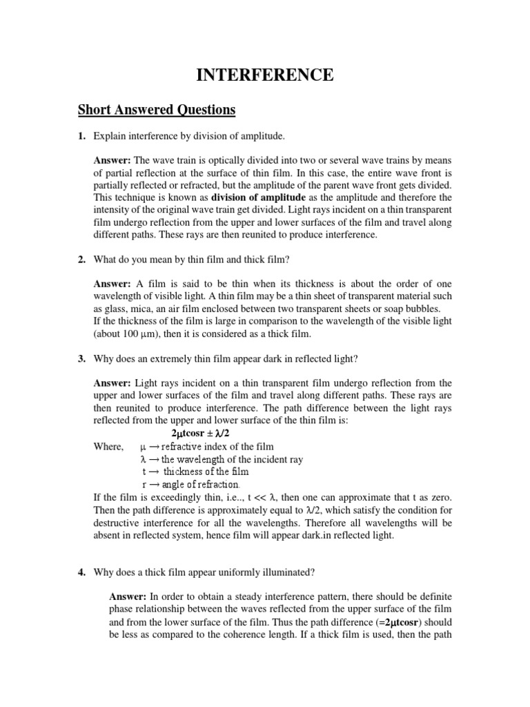 Short Question Answer of Interference | Download Free PDF | Reflection (Physics) | Refraction