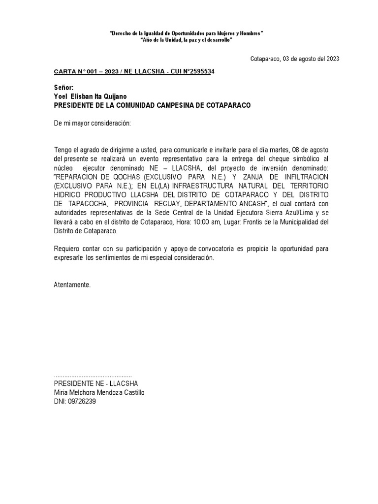 Carta de Invitacion para La Entrega de Cheque | PDF
