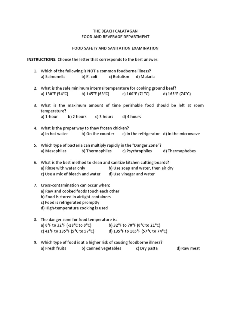 Food Safety and Sanitation Exam Guide | PDF | Cooking, Food & Wine ...
