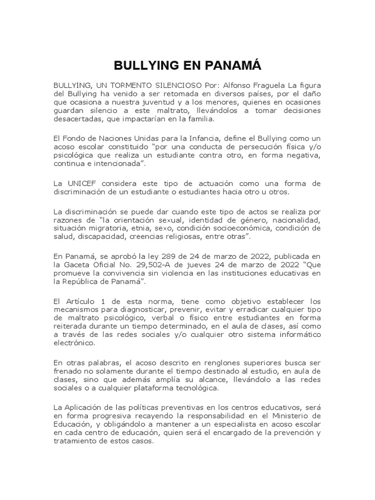 Ley 289: Prevención del Bullying en Panamá | PDF | La violencia contra ...