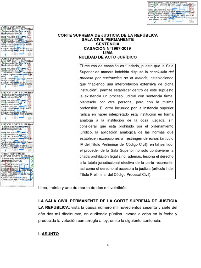 Sentencia de Casación N.° 1967-2019 LIMA 31 MAR 2022. NULIDAD DE ACTO JURÍDICO. Collique | PDF