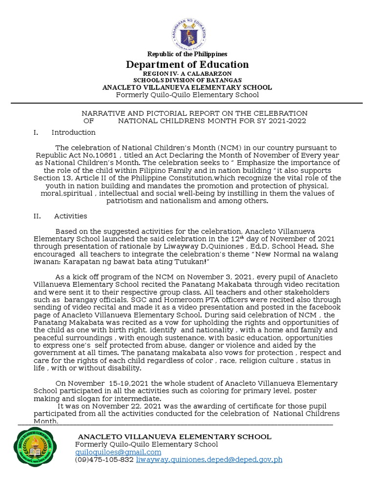 National Childrens Month Narrative Report S.Y.21-22 | PDF