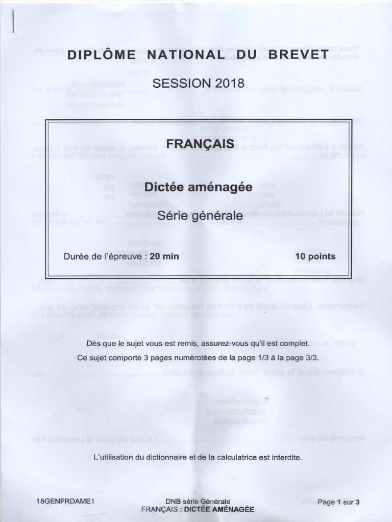 DNB 2018 - Dictée | PDF