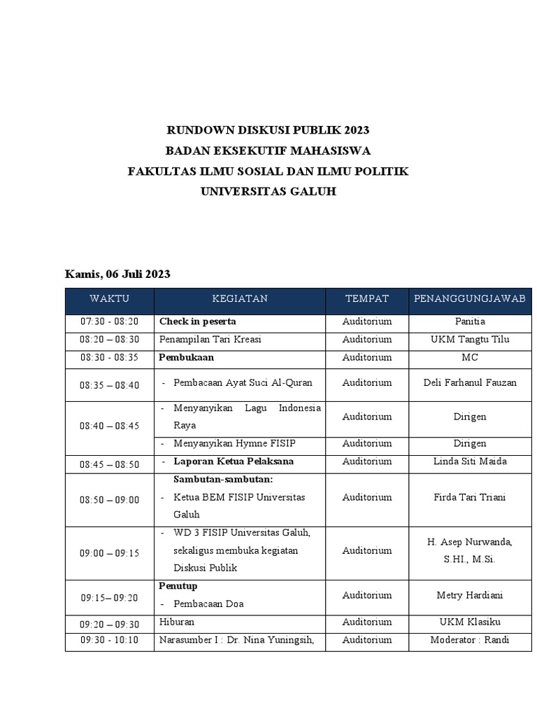 RUNDOWN DISKUSI PUBLIK (Panitia) | PDF