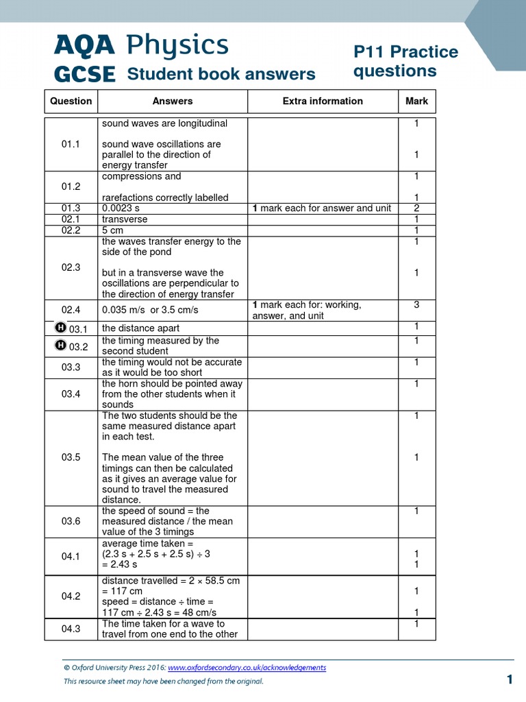 AQA Physics GCSE Combined P11 Practice Answers | PDF