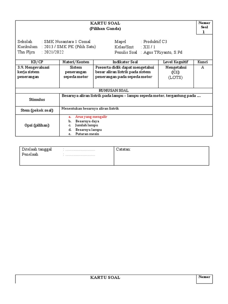 Form Kartu Soal Teknik DSN Bisnis Sepeda Motor | PDF