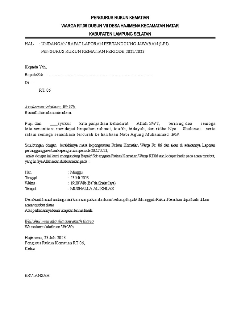 Undangan Rapat PENGURUS RUKUN KEMATIAN | PDF