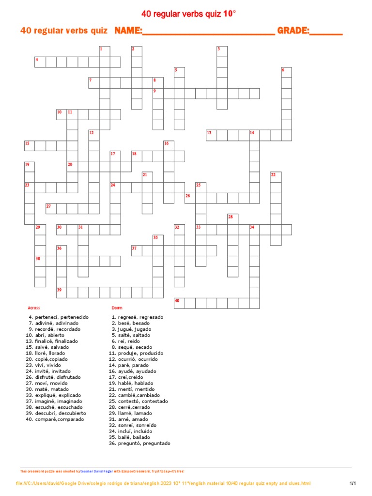Crucigrama de Verbos Regulares 10° Grado | PDF