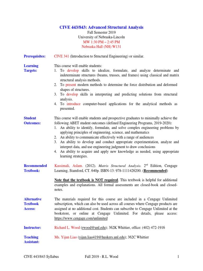 CIVE 443-Syllabus - Fa2019 | PDF | Structural Analysis | Turnitin