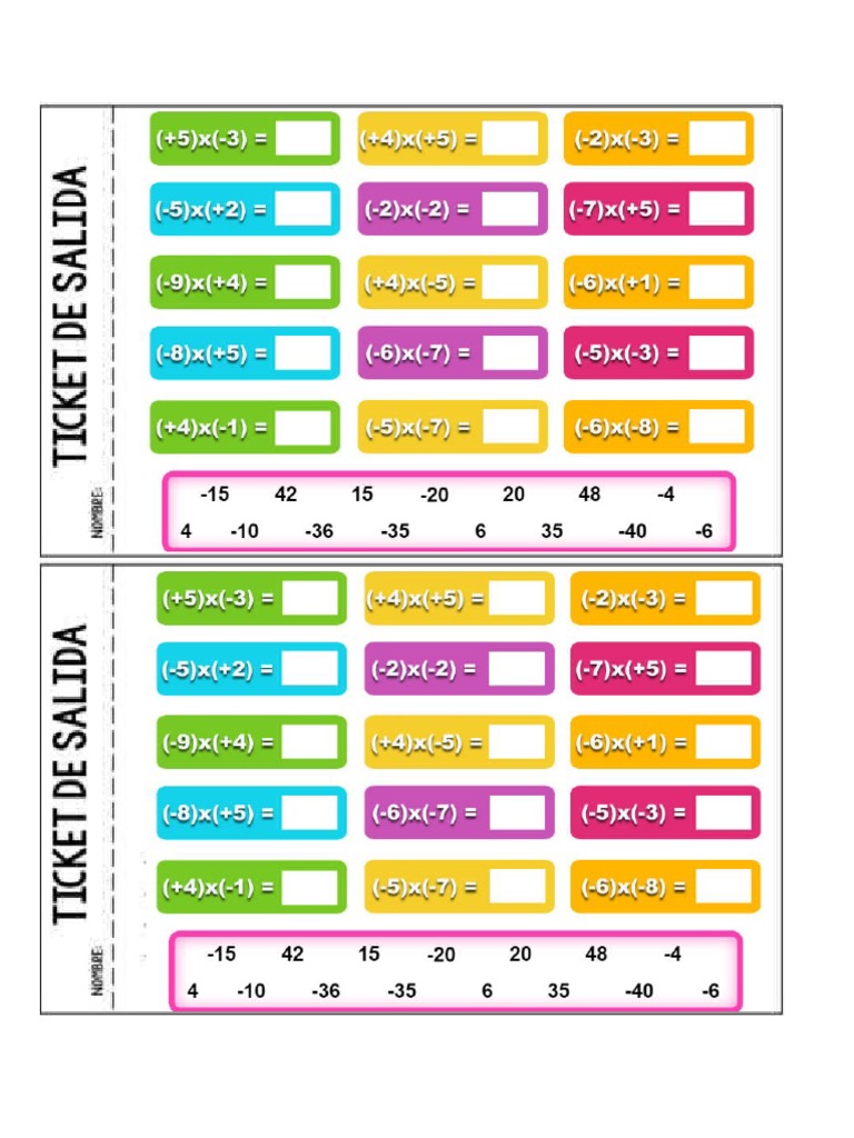 Ticket de Salida 3 8vo Multiplicaciones de Numeros Enteros | PDF