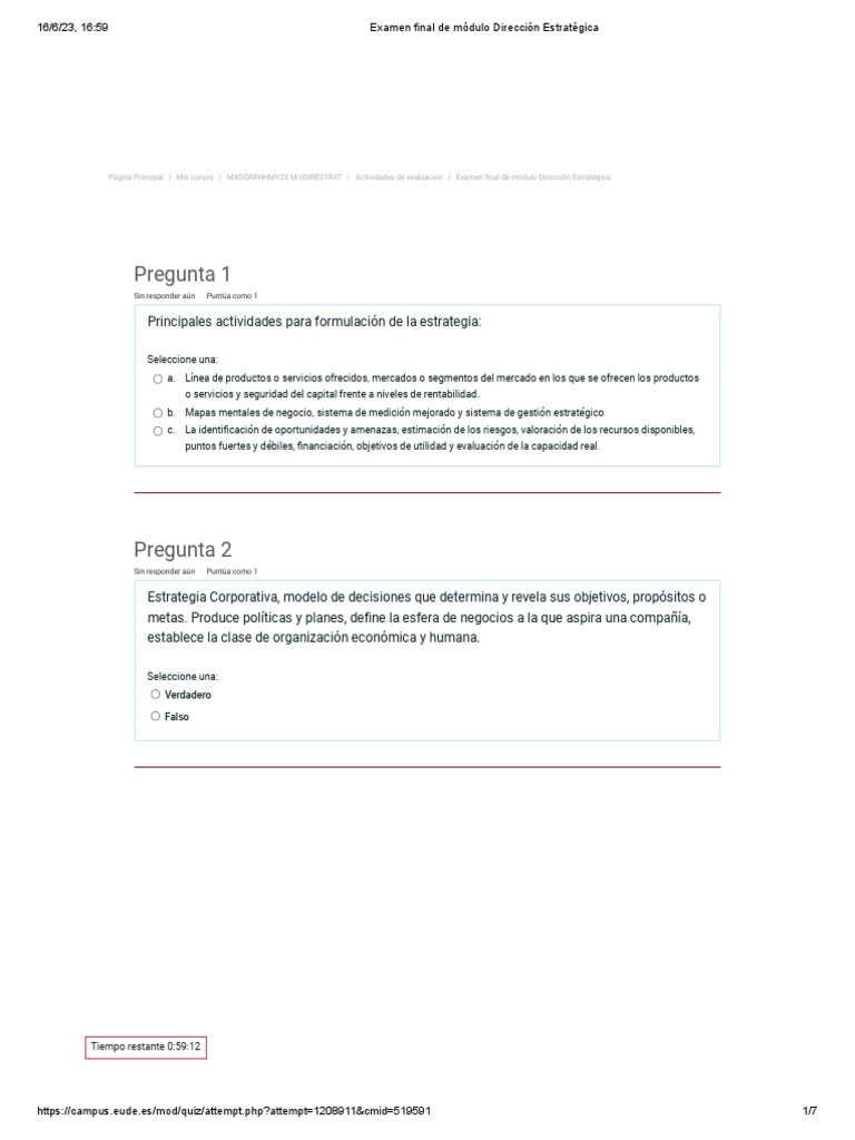Examen Final de Módulo Dirección Estratégica EUDE | PDF