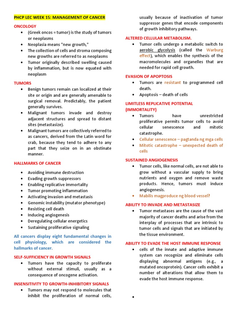 PHCP LEC WEEK 15 Management of Cancer 1 | PDF | Chemotherapy | Cancer