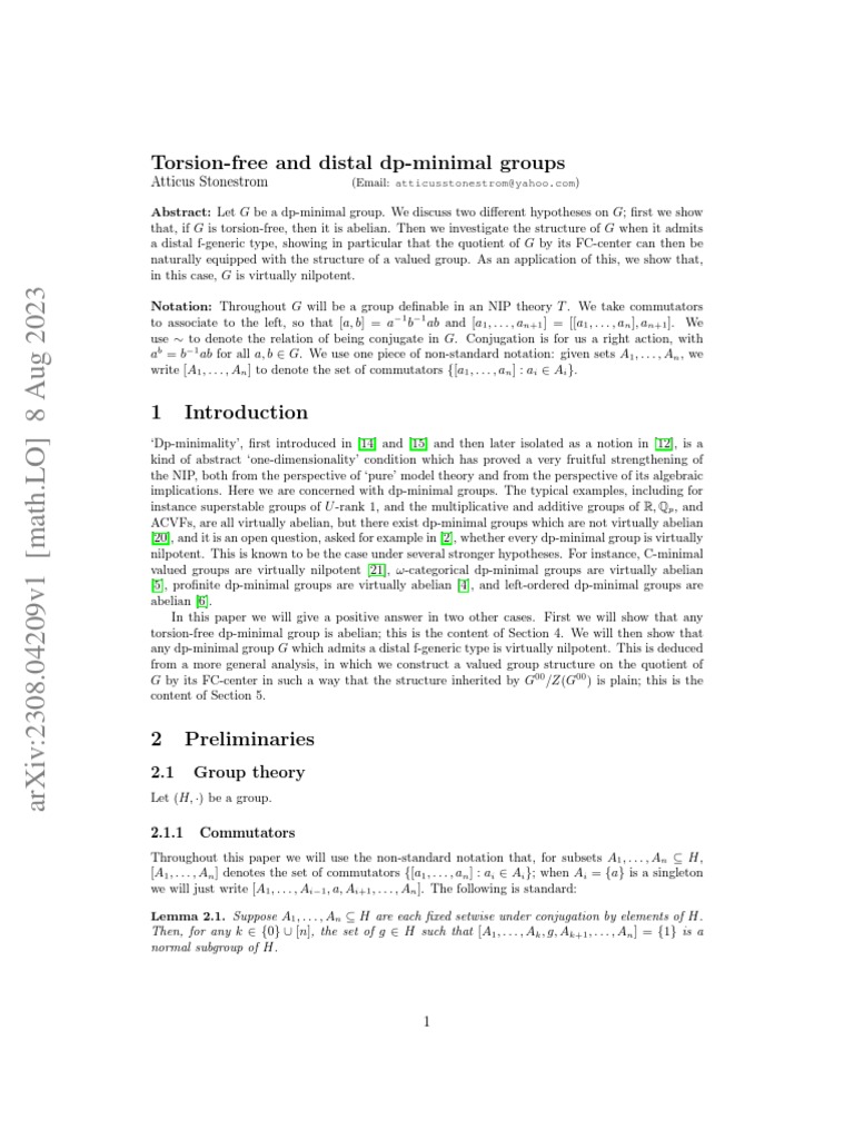 Torsion-Free and Distal Dp-Minimal Groups: Atticus Stonestrom | PDF | Index Of A Subgroup ...