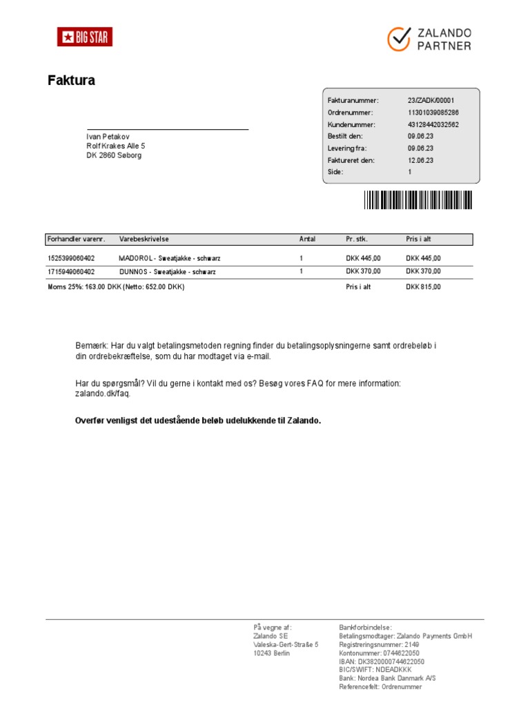 Zalando Kvittering BigStar Ivan | PDF