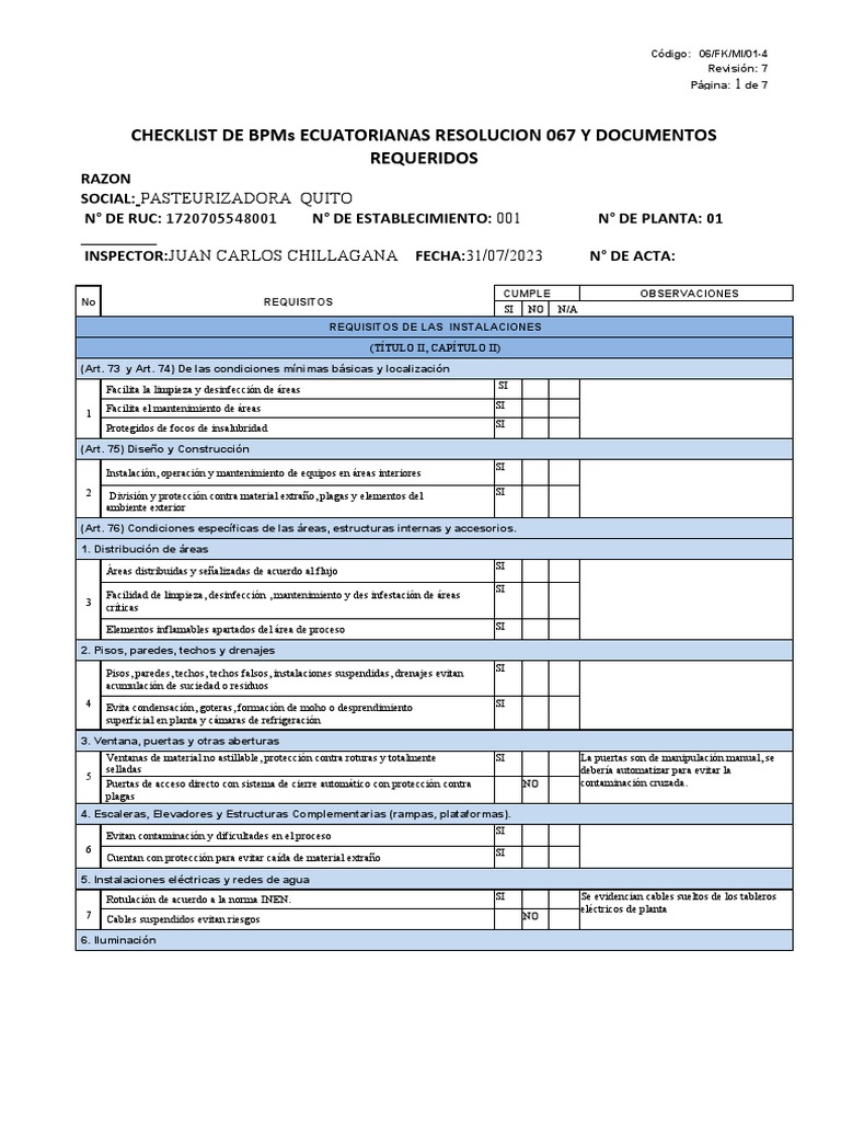Checklist de Bpms Ecuatorianas y Documentos Requeridos | PDF