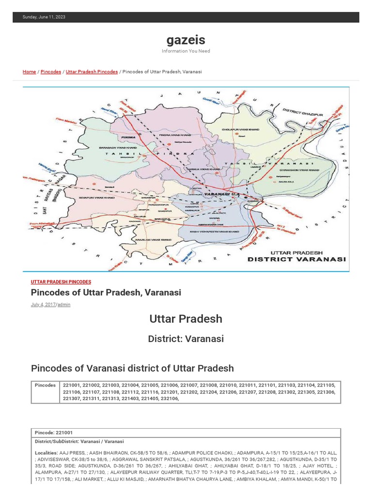 Pincodes of Uttar Pradesh, Varanasi - Gazeis | PDF