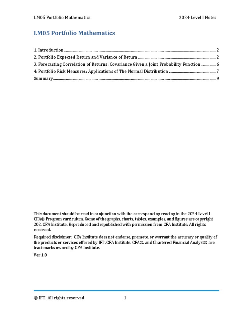 L1 LM5 Portfolio Mathematics - Study Notes (2024) | PDF