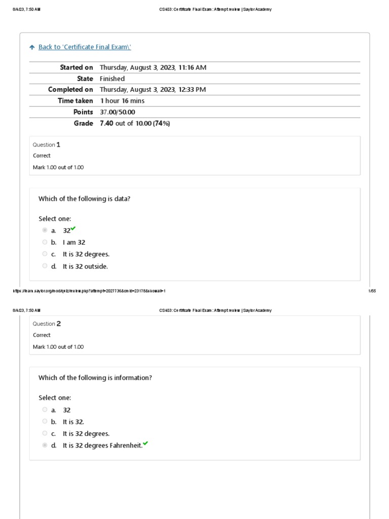 CS403 - Certificate Final Exam - Attempt Review - Saylor Academy | PDF